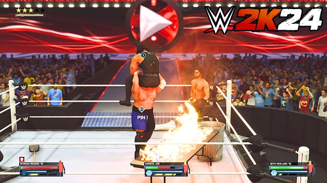 WWE 2K24 - Samoa Joe vs. Roman Reigns vs. Seth Rollins (Ramp Camera ...