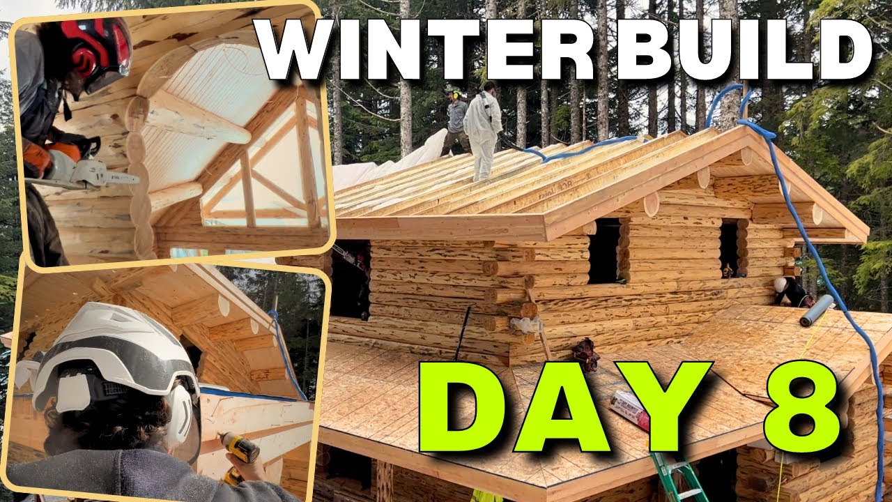Day 8 | Extreme Log Cabin Winter Build | Window Cut Out/Main Roof TNG ...
