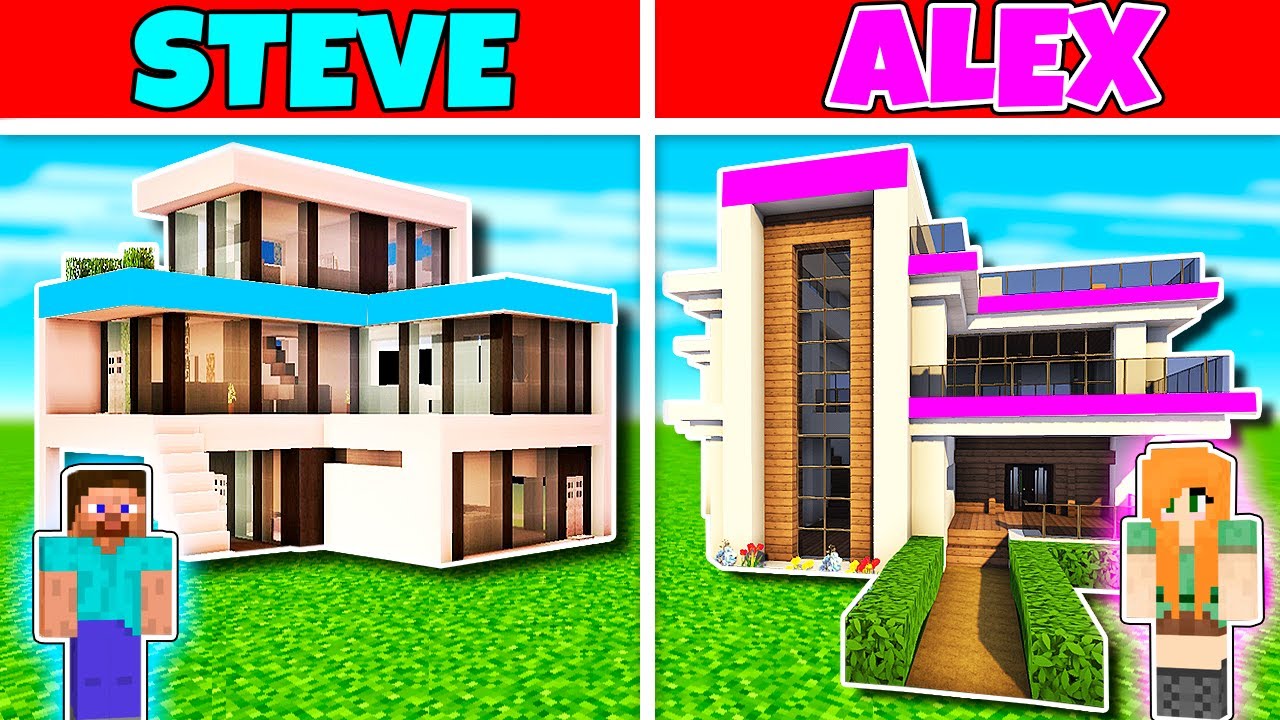 Minecraft: MODERN MANSION BUILD CHALLENGE - ALEX vs STEVE in Minecraft ...