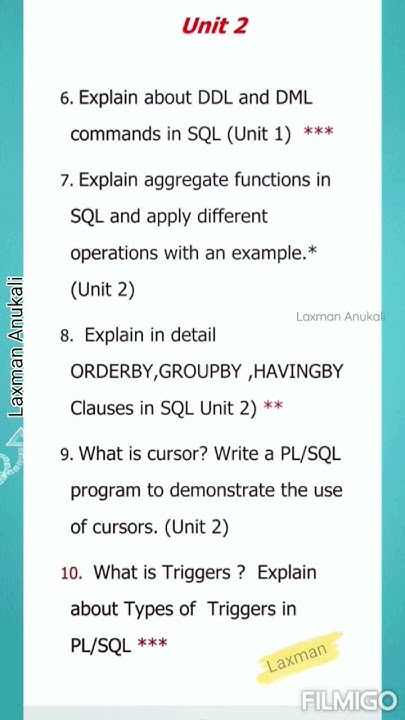 dbms unit wise important questions|Database Management Systems|bsc 4th semester - YouTube