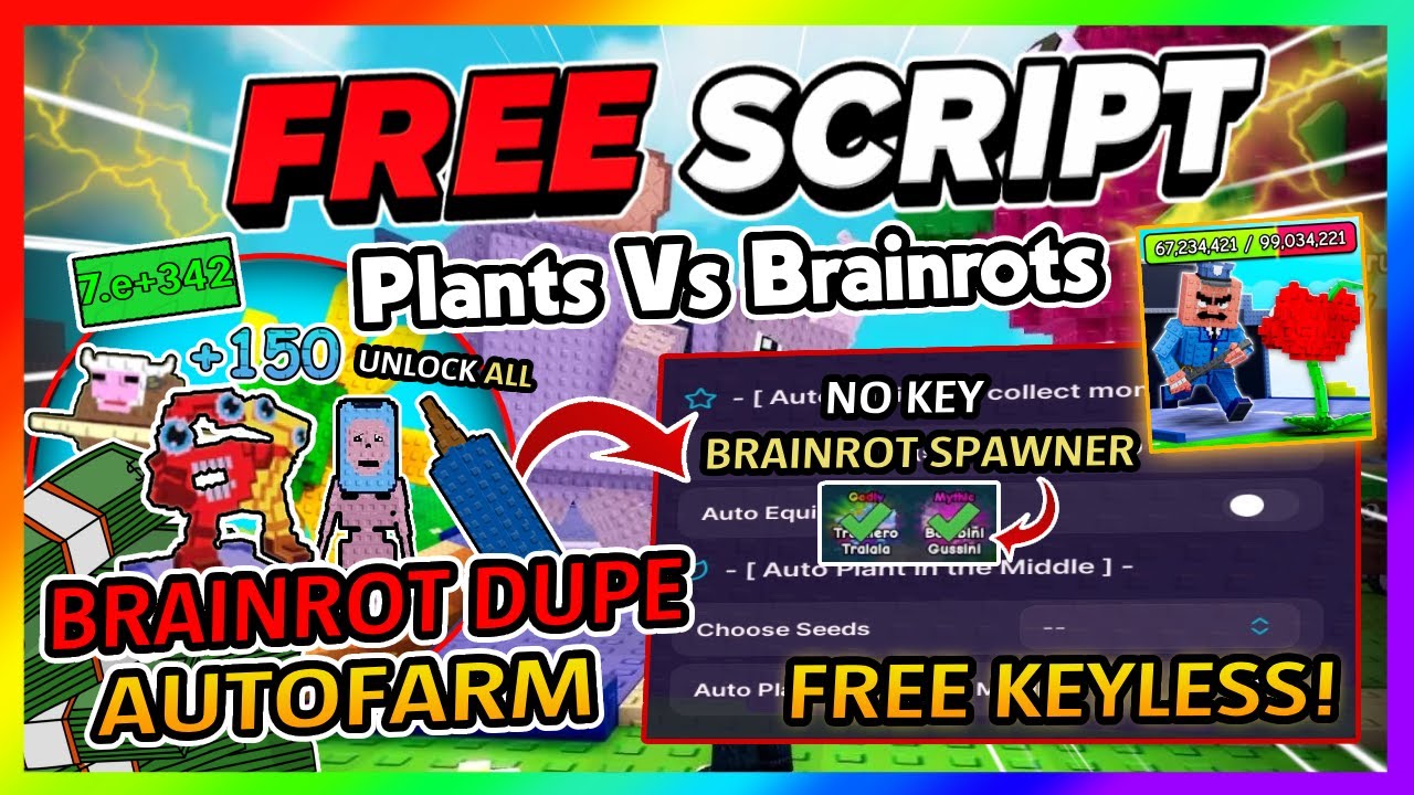 Plants Vs Brainrots Script Gui Hack | NEW UPDATE, AUTOFARM, BRAINROT SPAWNER + MORE! *NO KEY ...
