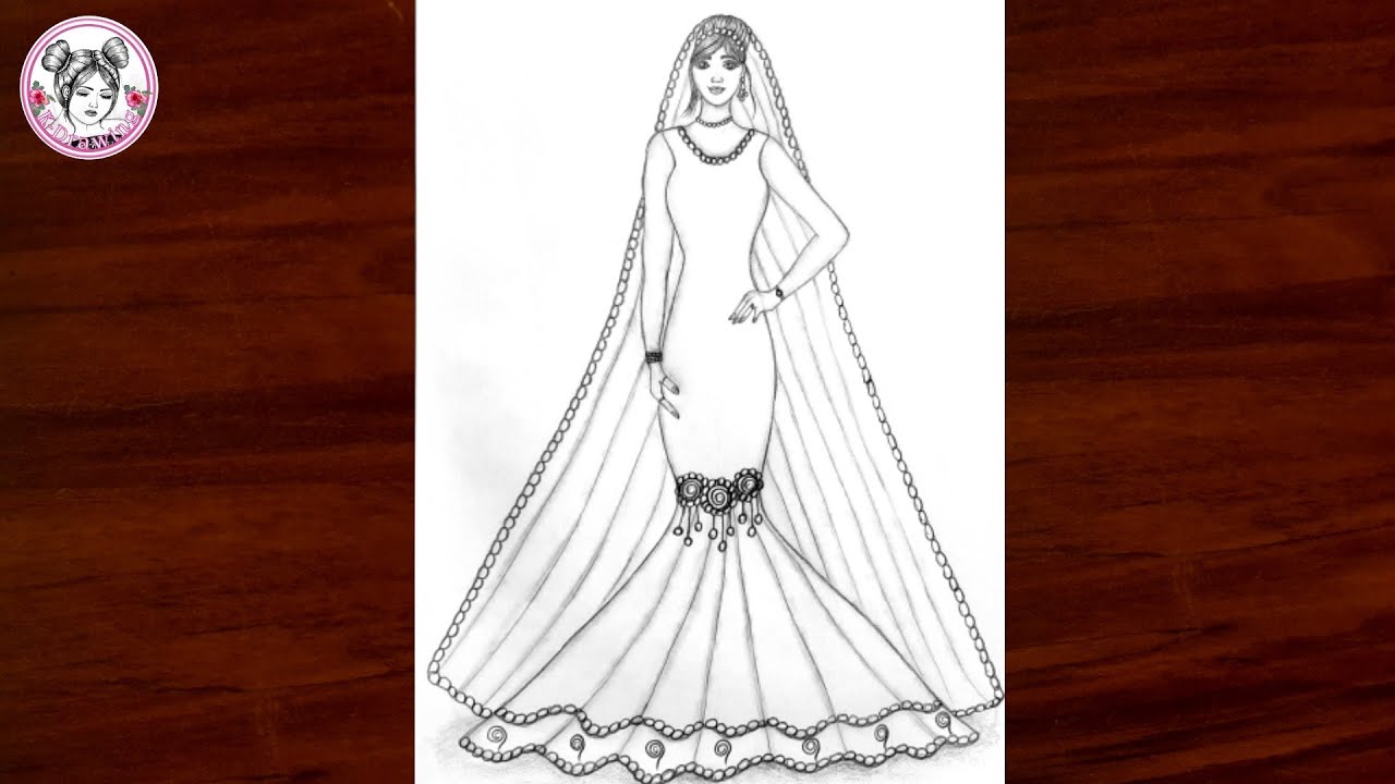 How to draw bride with beautiful gown, step by step for beginners ...