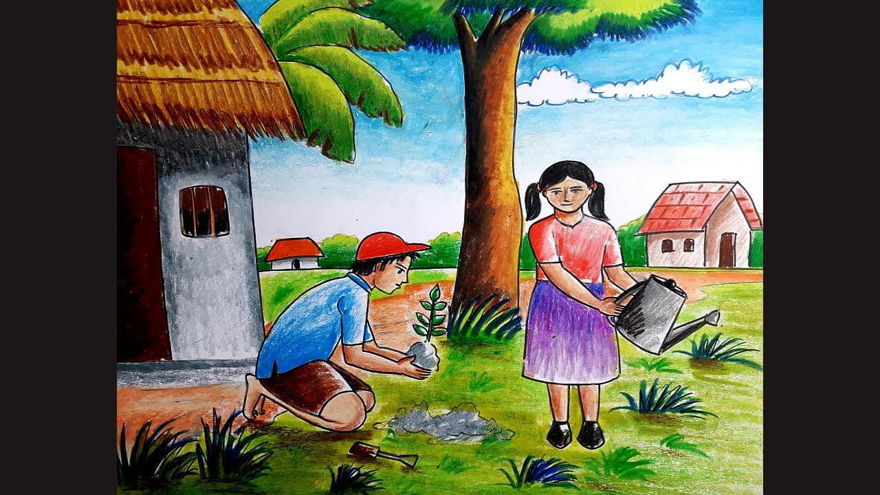 How to draw a scenery of tree plantation/Tree plantation drawing - YouTube