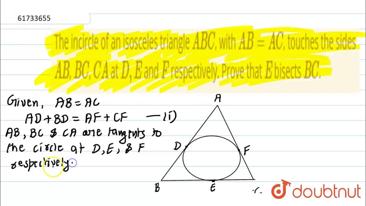 The incircle of an isosceles triangle `ABC`, with `AB=AC`, touches the sides `AB`, `BC`, `CA ...