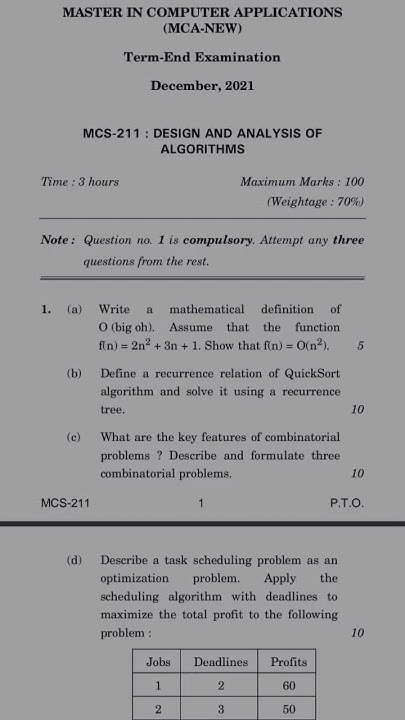 MCS-211 : DESIGN AND ANALYSIS OF ALGORITHMS #exam short - YouTube