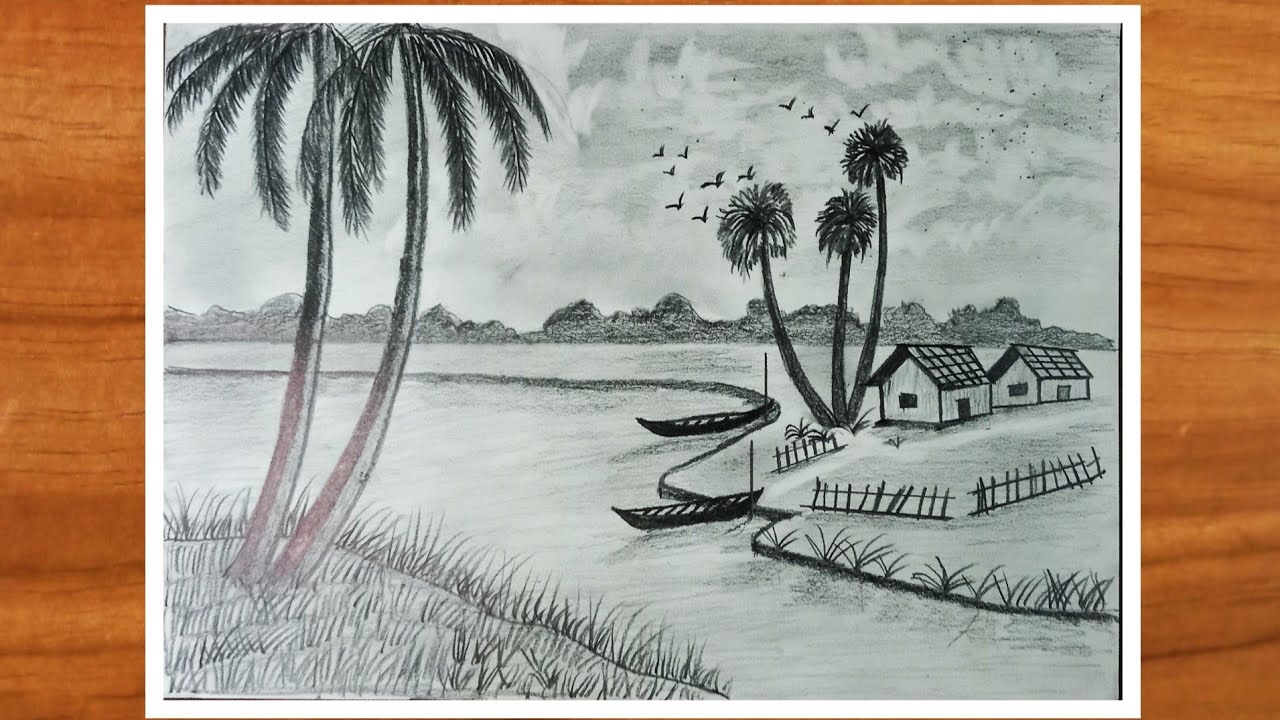 How To Draw Village Scenery / With Pencil Sketch / River said scenery ...