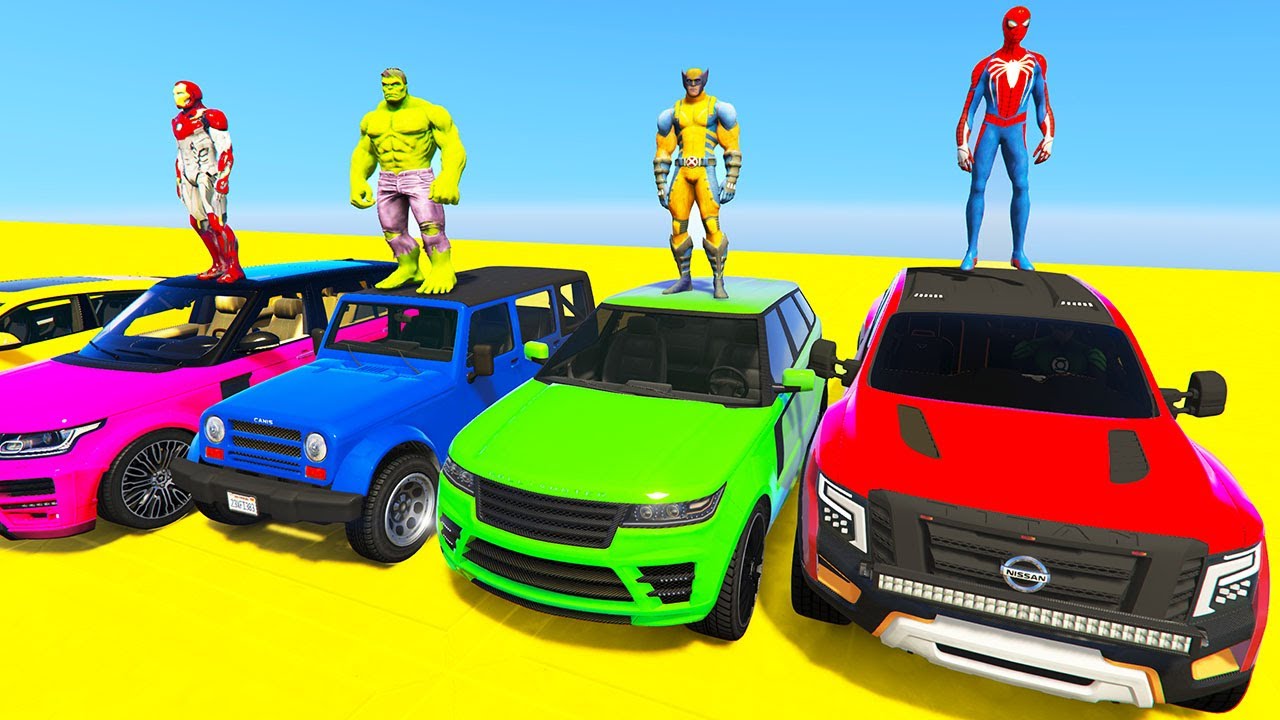 SUPERHERO CARS Race OFF ROAD RIVER Challenge ! SPIDERMAN HULK Iron Man ...