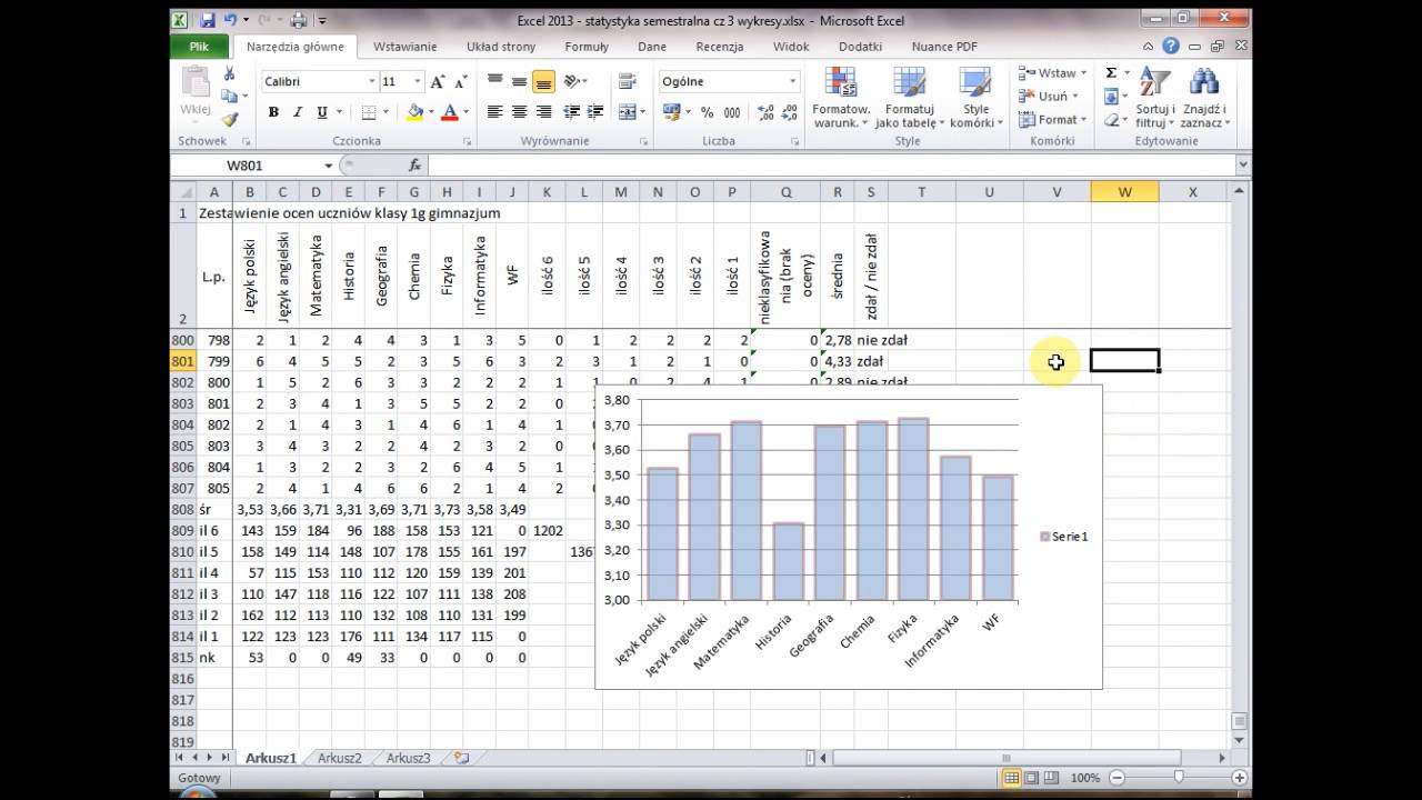 Excel 2010 cz 5 - statystyka semestralna - wykresy - YouTube