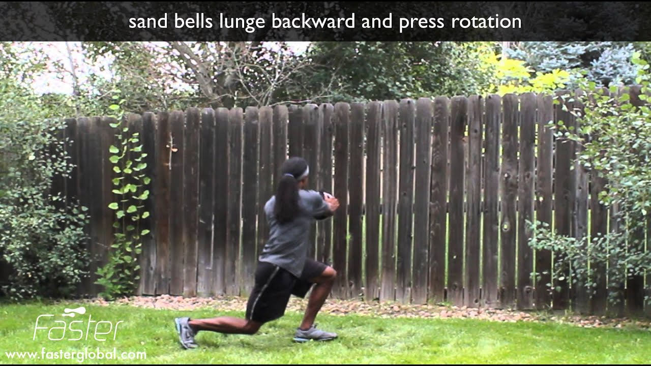 sand bells lunge backward and press rotation - YouTube