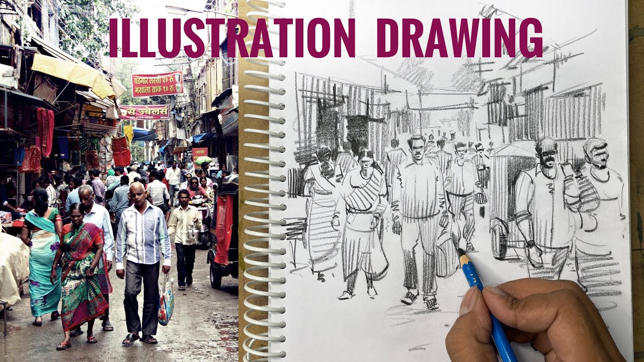 Simple illustration drawing with pencil | Market scene drawing easy ...