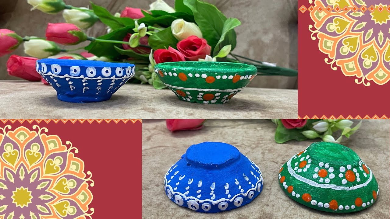 Easy Diya Painting At Home/2 Different Ways to decorate Plain Diya At ...