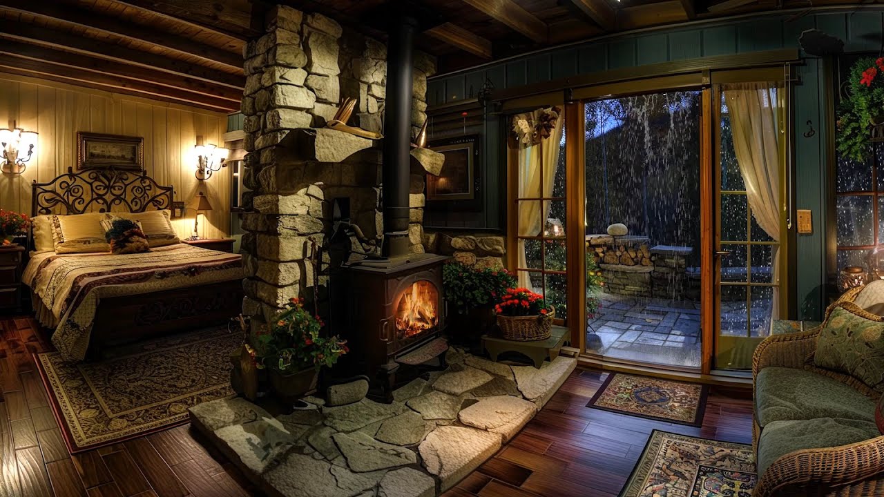🔴Warm and Cozy: Relaxing Fireplace in a Cabin with Gentle Rain Sounds ...