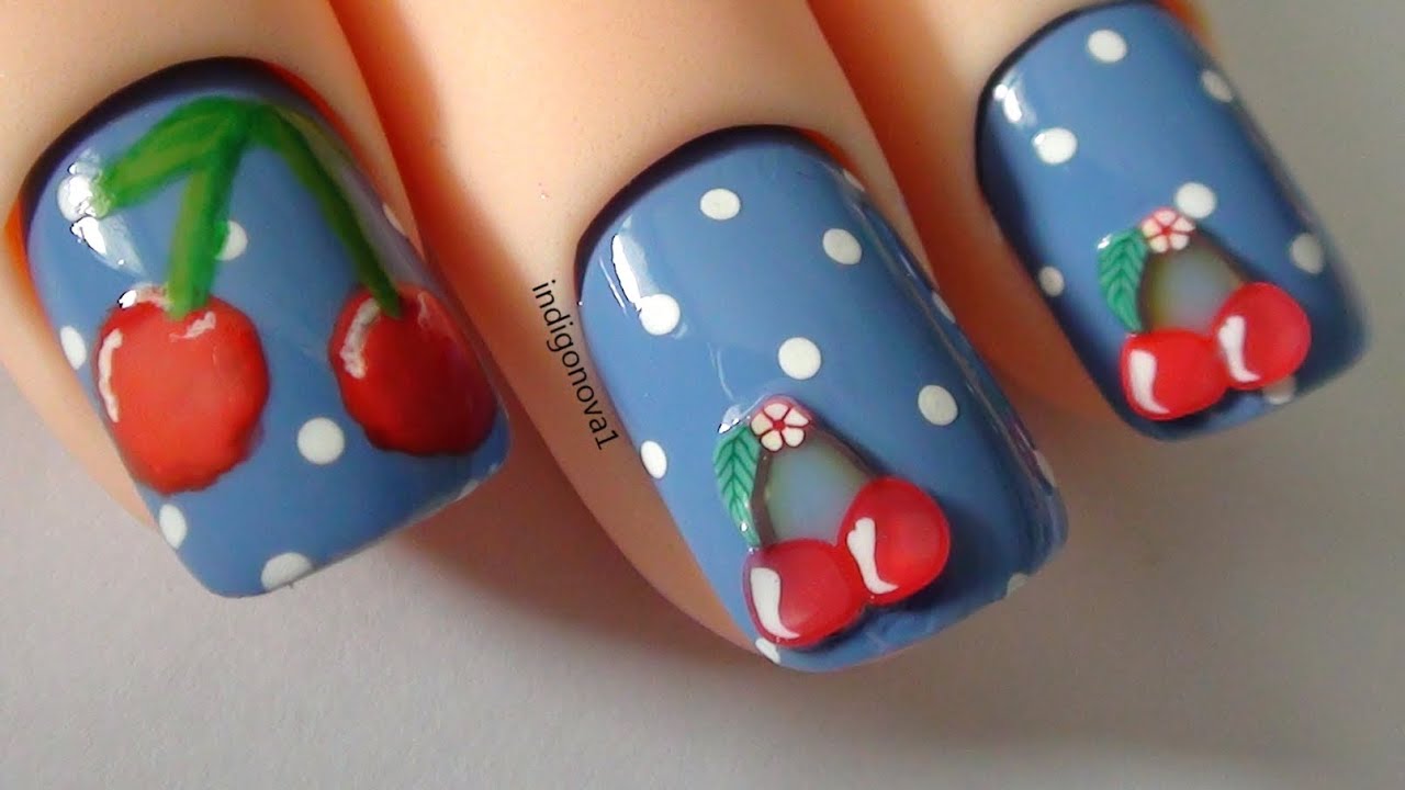 Vintage Cherry & Polka Dots - Fimo Nail Art Tutorial on Short Nails ...