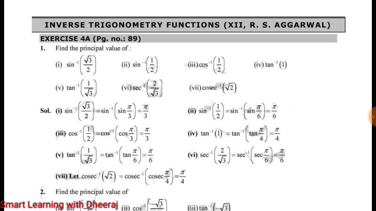 Exercise 4a,Chapter 4 Inverse Trigonometry Functions Rs aggarwal Class ...