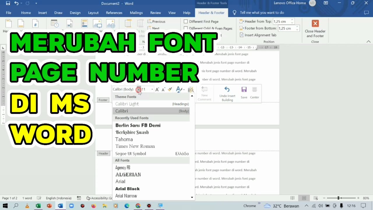 Merubah Jenis Huruf / Font Page Number (Nomor Halaman) Ms Word - YouTube