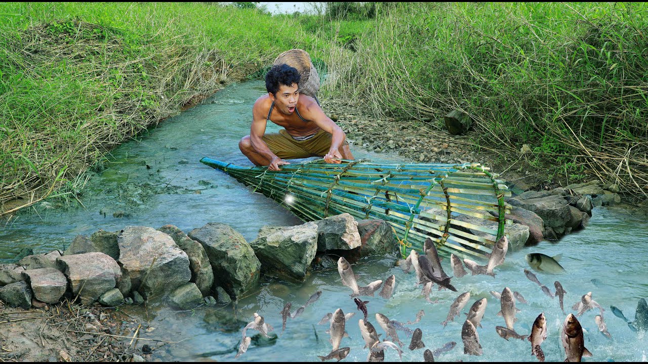 technology build a stone With bamboo dam to Find fish - YouTube