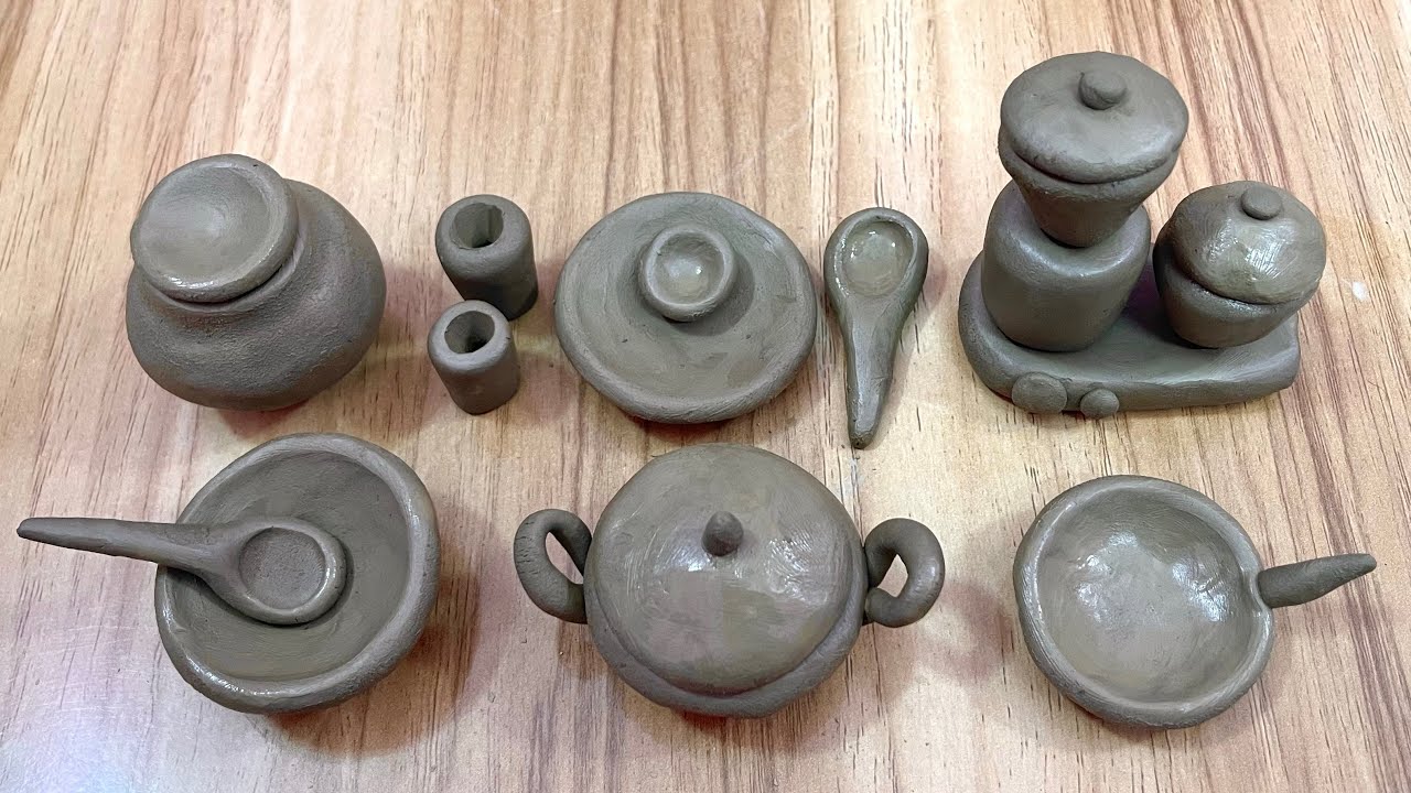 Easy technique make handmade miniature kitchen set with clay😄mitti ke khilone #clayart - YouTube