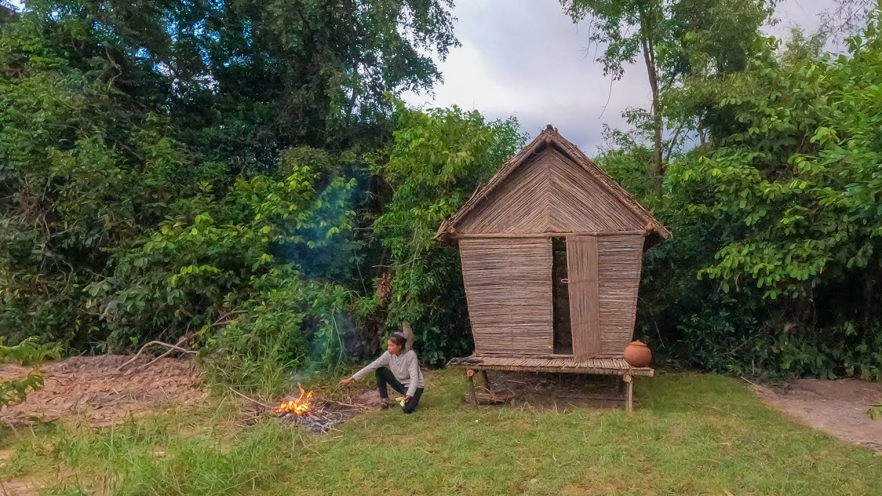 I Build A Lovely Tiny House with Tree Bark Roof to Live In Rainy Season ...