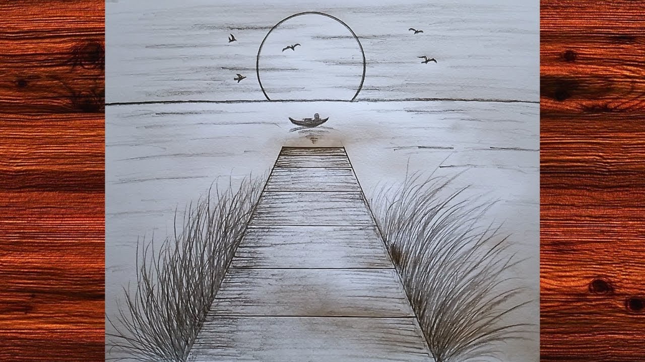 Sunset River Scenery drawing with sketch pencil | How to draw Easy and ...