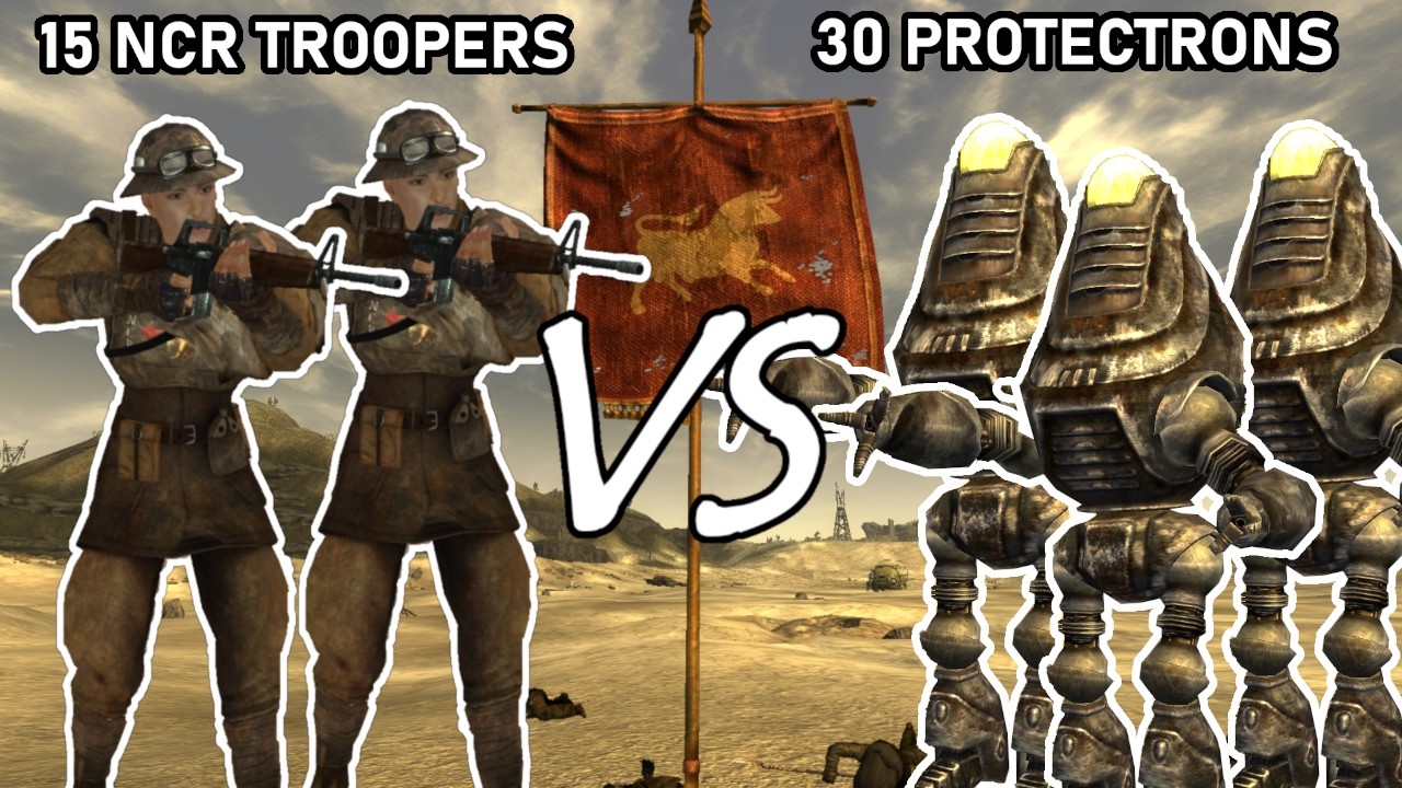 15 NCR Troopers (Searchlight) vs 30 Protectrons | Fallout New Vegas npc ...