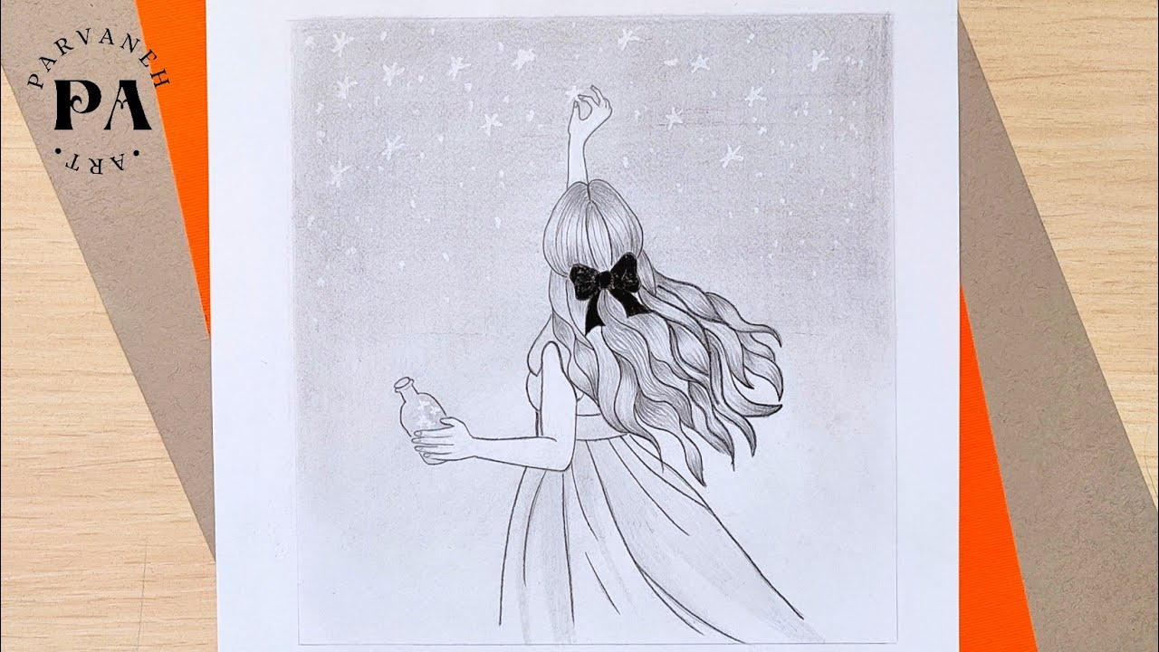 Girl Looking Up At The Sky Drawing
