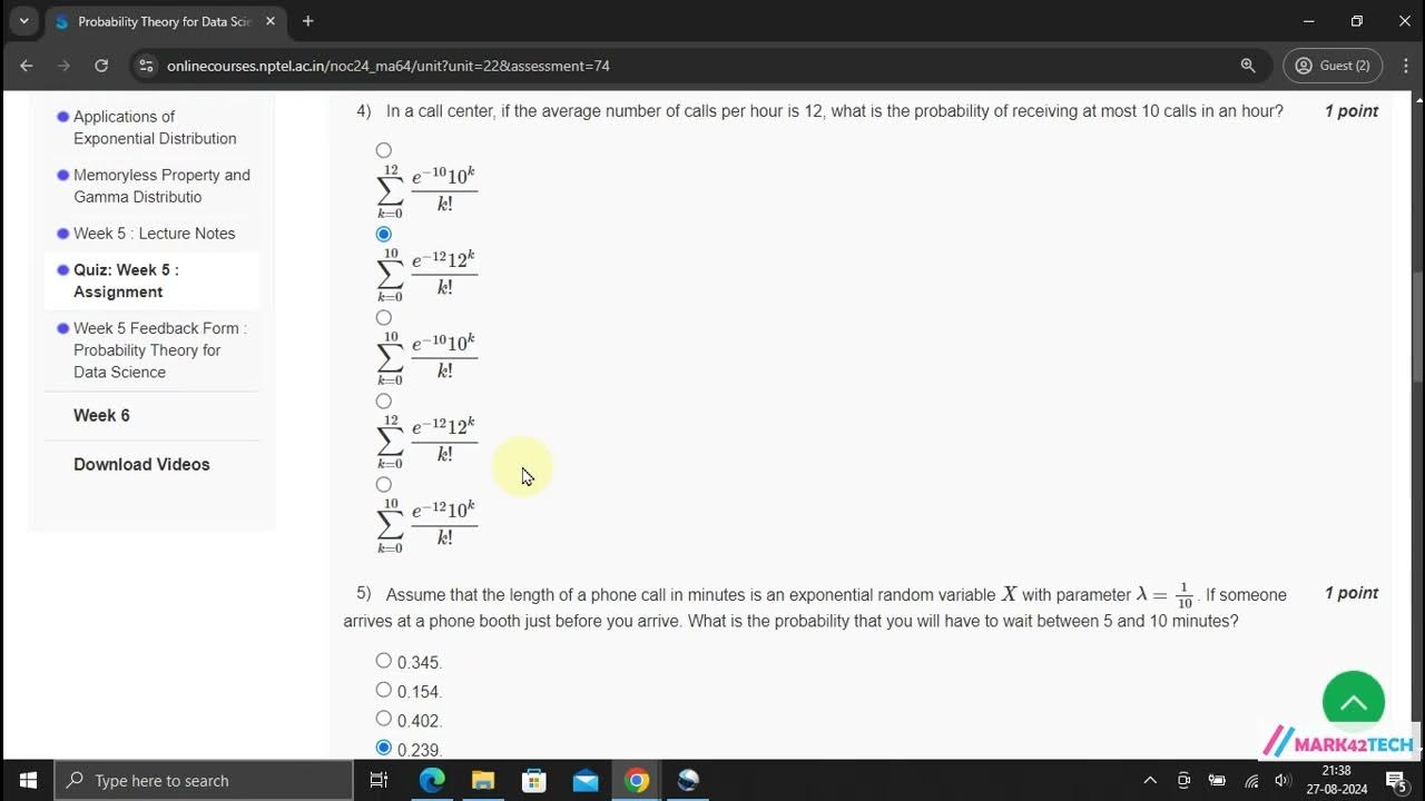 NPTEL Probability Theory for Data Science Week5 Assignment5 Solution JULY 2024 - YouTube