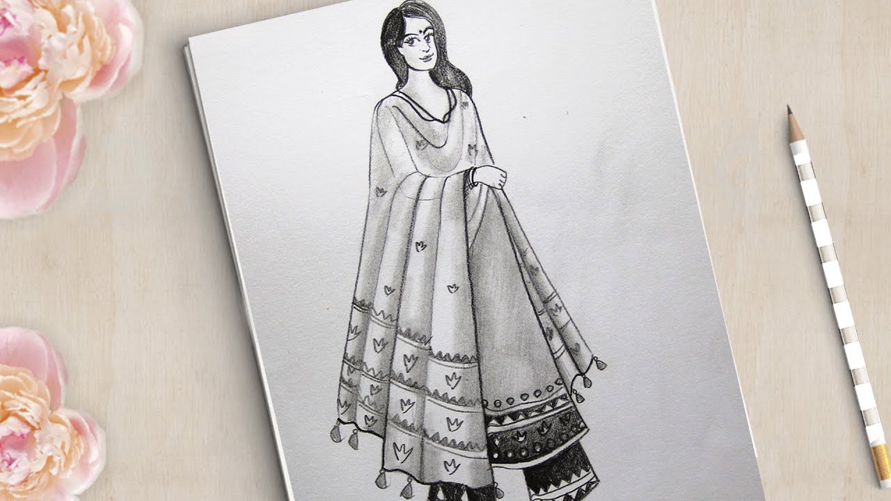 How to Draw a Girl with Beautiful Traditional dress || Dress Drawing ...
