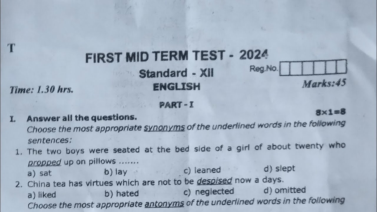 12th English First mid term test Original Question Paper 2024|12th ...