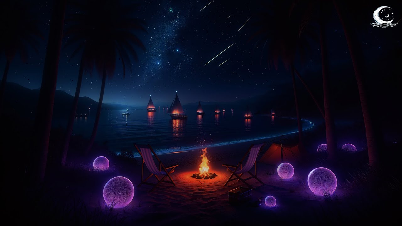 Purple Beach Night Ambience | Relaxing Sleep Music with Ocean Sound for ...