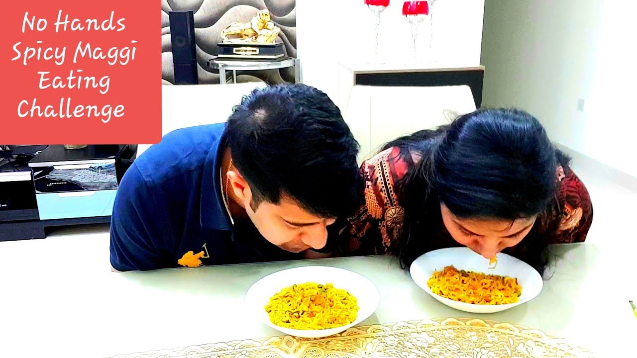 No Hands Spicy Maggi Eating Challenge || Husband Vs Wife Spicy Maggi ...