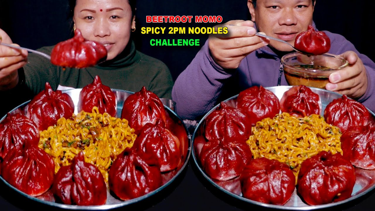 BEETROOT MOMO 🥟 RED MOMO ️ SPICY 2PM NOODLES 🔥 EATING CHALLENGE | FOOD ...