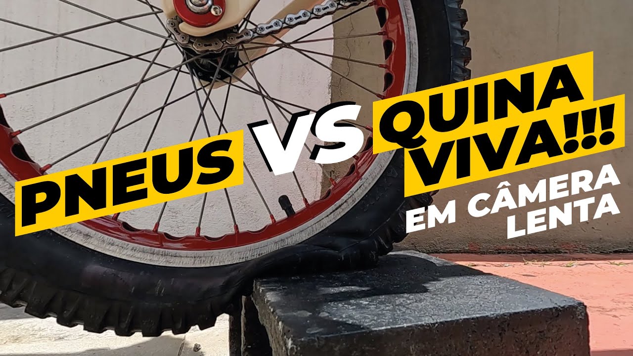 Vários pneus de bike batendo na quina viva, em câmera lenta. Pedaleria ...