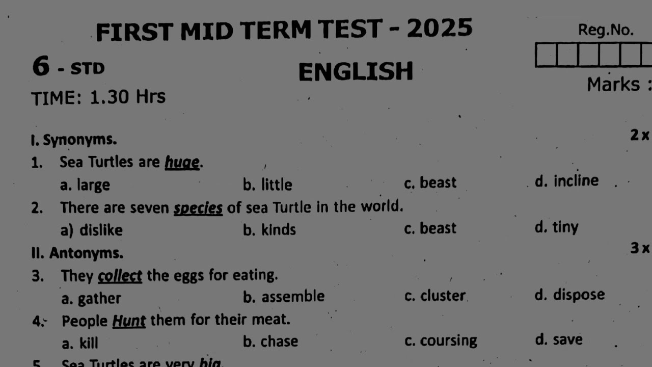 6th english first midterm exam question paper 2025 | 6th std midterm ...