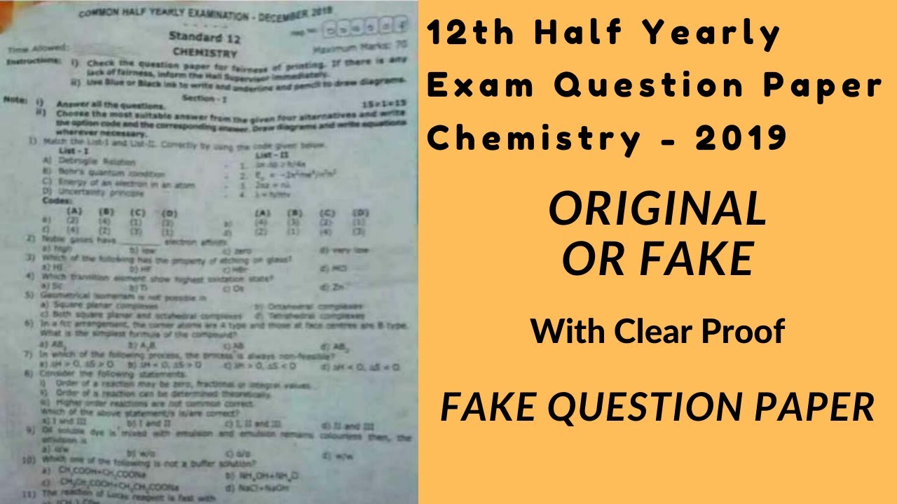12th Half Yearly Exam Chemistry Question Paper 2019 Fake Question Paper ...