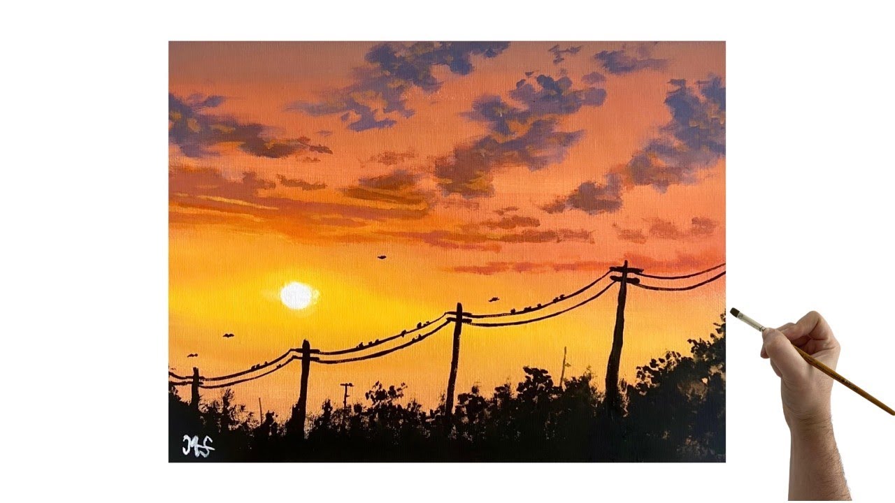 Sunset Power Lines Painting - Easy Acrylic Painting Tutorial For ...