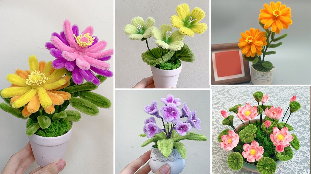 4 Beautiful Pipe Cleaner Flower Making | DIY Mini Flower Pot | Pipe ...