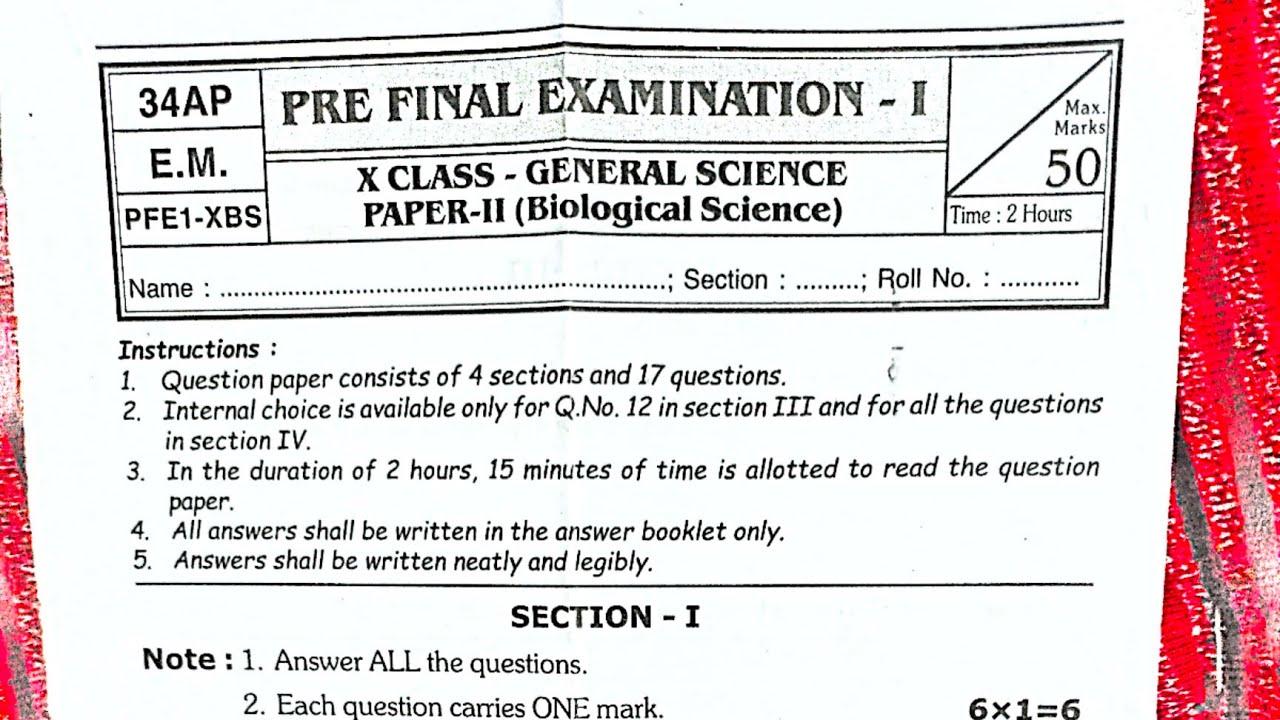 10th class Biology Pre final exam question paper 2023-2024 - YouTube
