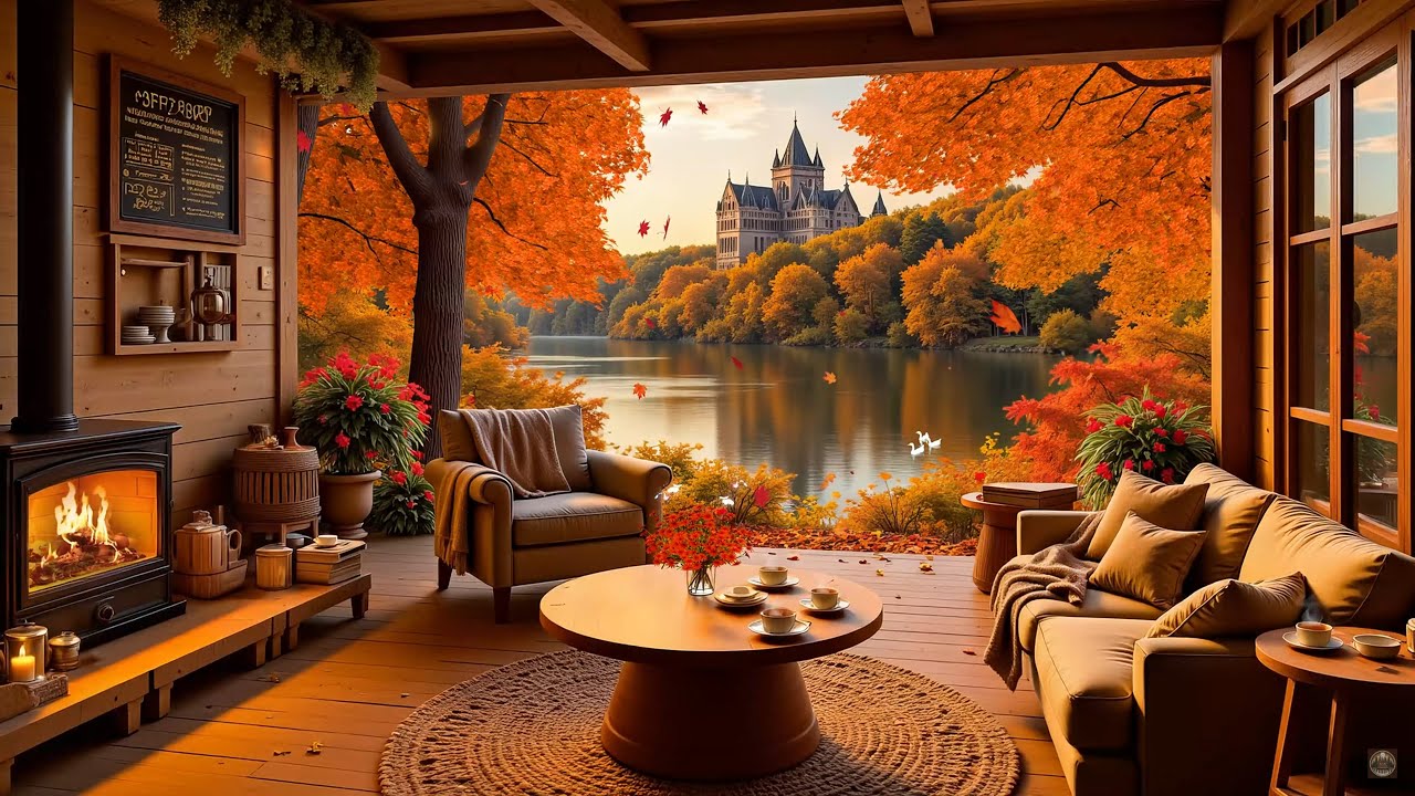 Cozy Autumn Lakeside Cabin with Castle View 🍁 Relaxing Piano Music ...