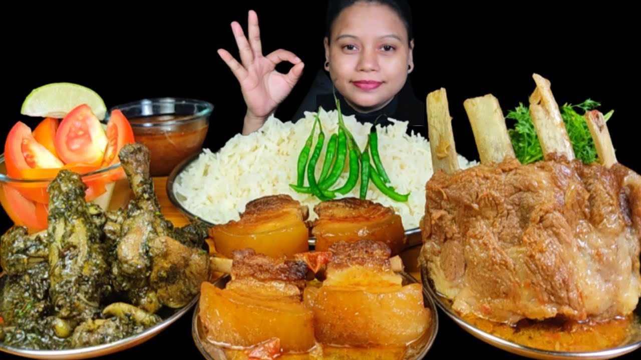 ASMR EATING PORK RIBS CURRY WITH RICE | BLACK CHICKEN CURRY, CHILLI ...