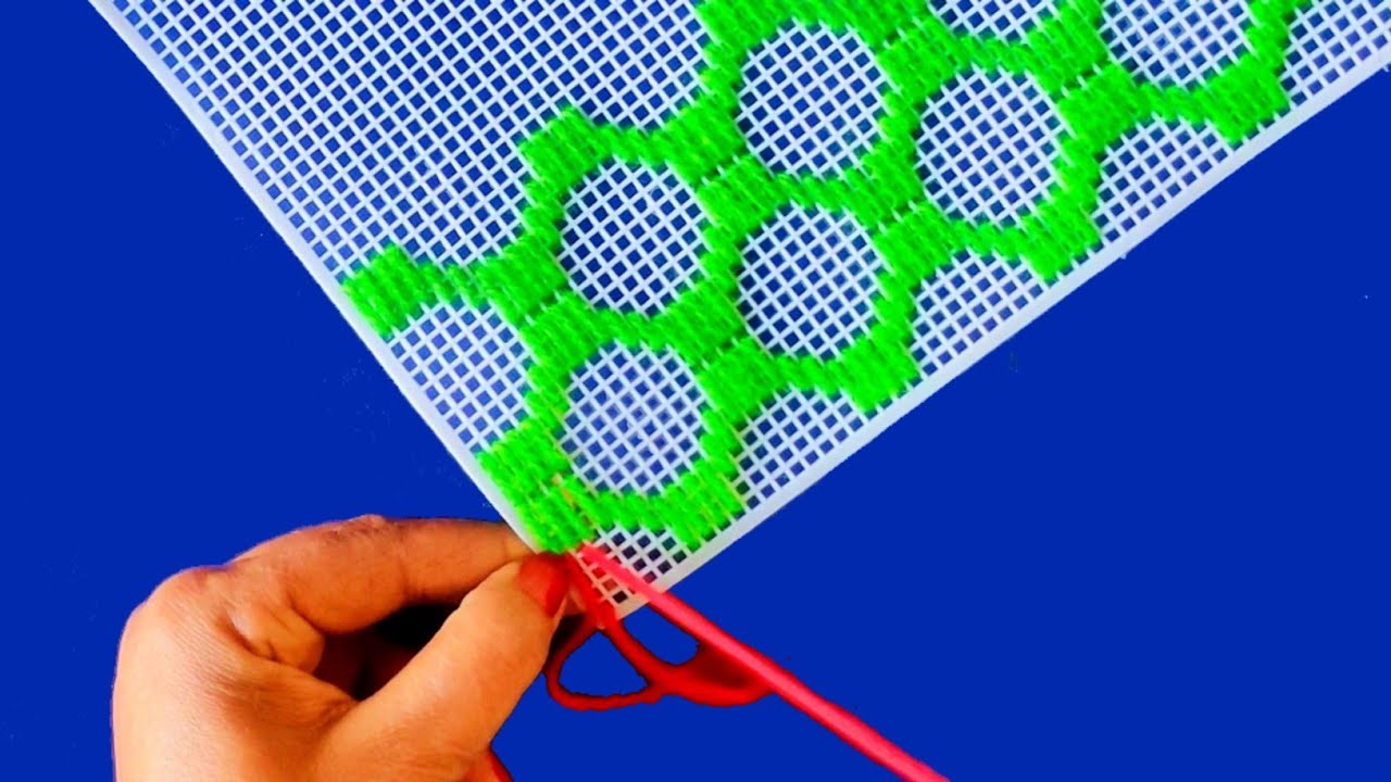 new plastic canvas hand fan filling design || hand embroidery on ...