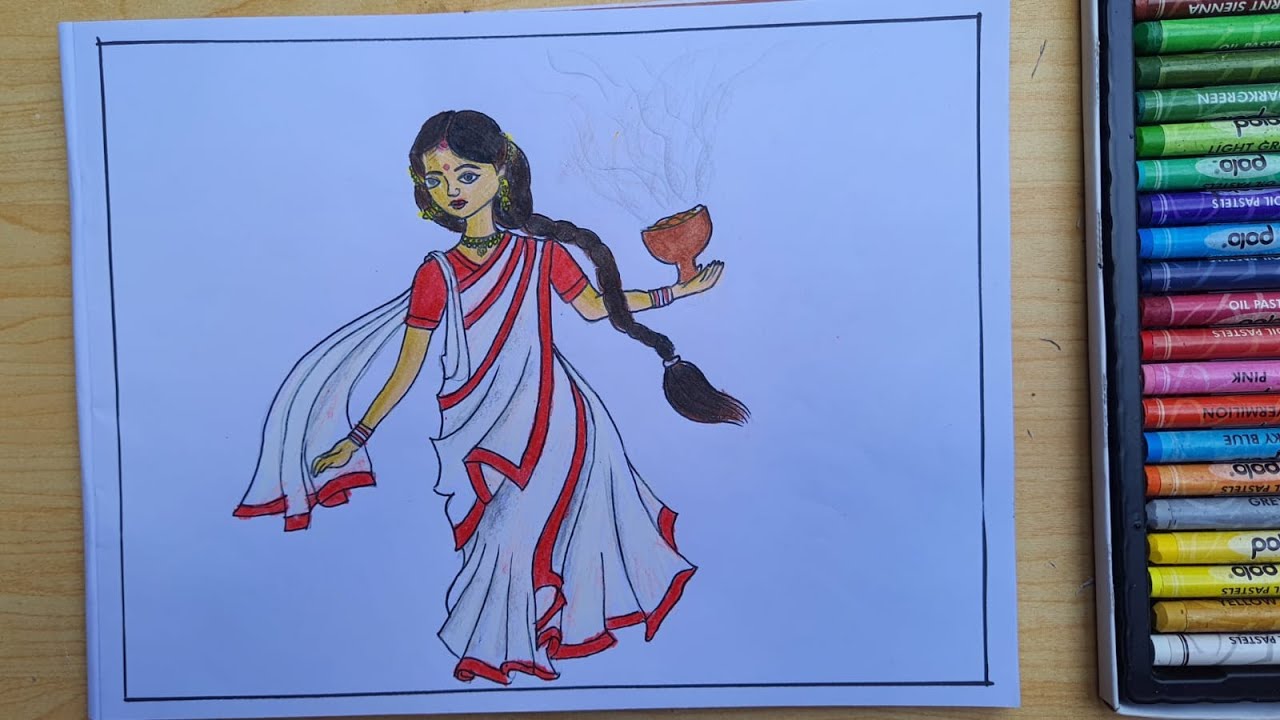 Drawing tutorial ll bengali traditional saj ll ধুনুচি নাচlwoman dance ...