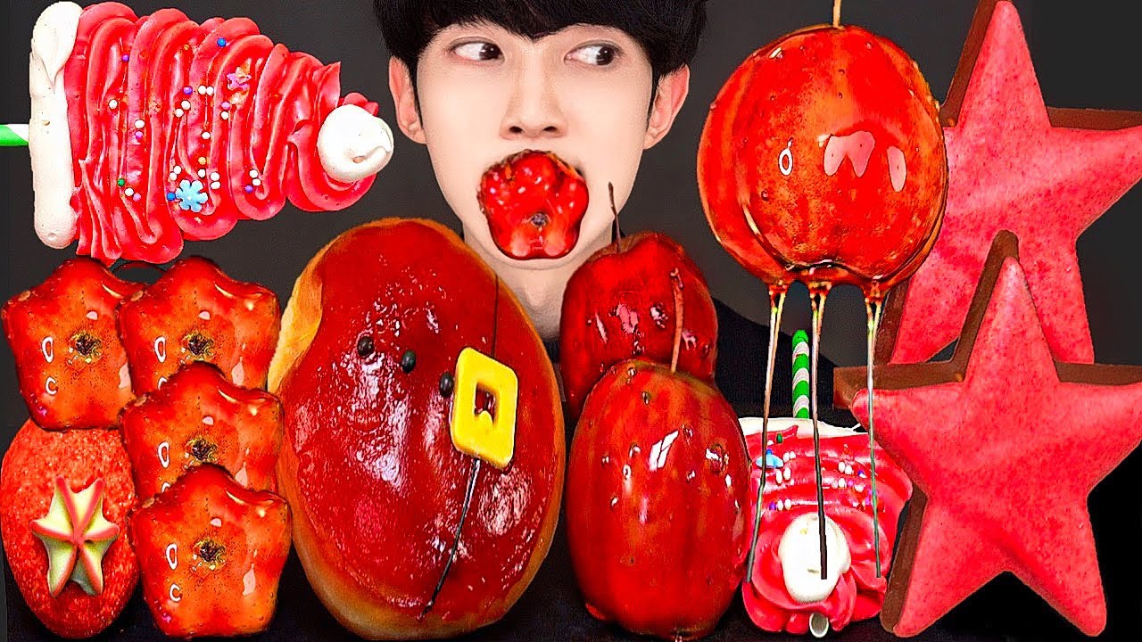 ASMR RED FOOD DESSERTS RECIPE PARTY 레드 음식 디저트 먹방 TANGHULU CANDY ...