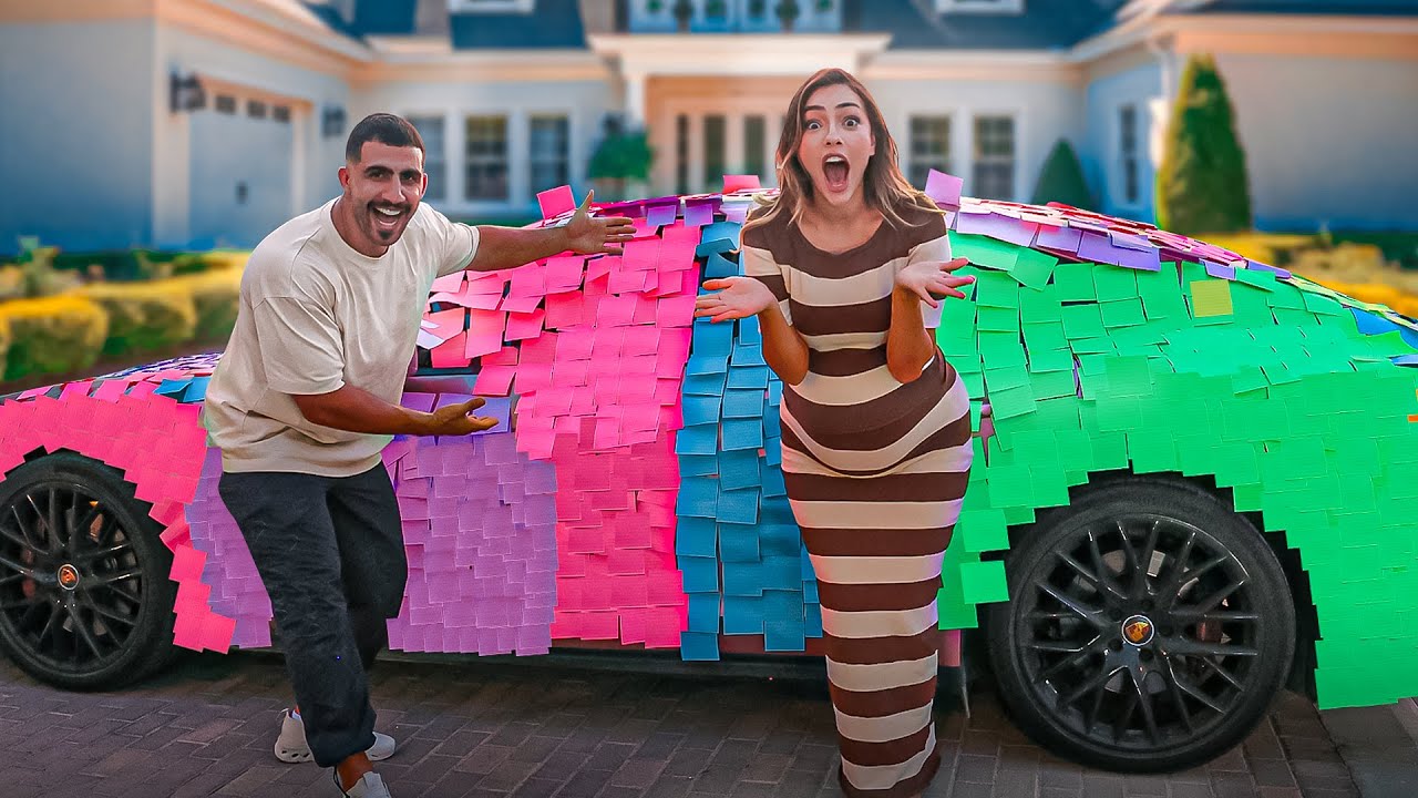 STICKY NOTES PRANK ON MY WIFE'S EXPENSIVE CAR - YouTube