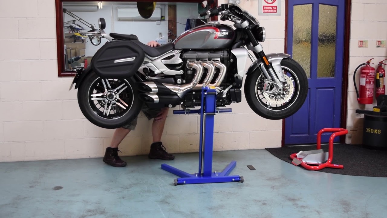 Triumph Rocket 3 2019 on Big Blue Motorcycle Lift - YouTube