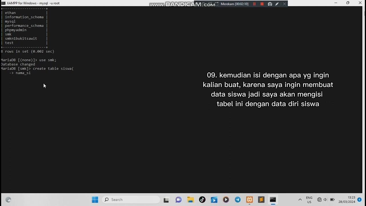 cara membuat tabel database melalui xampp (shell) - YouTube