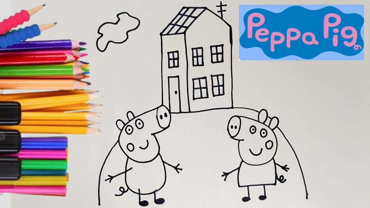 Peppa pig with House drawing, colouring | Easy Drawing - YouTube