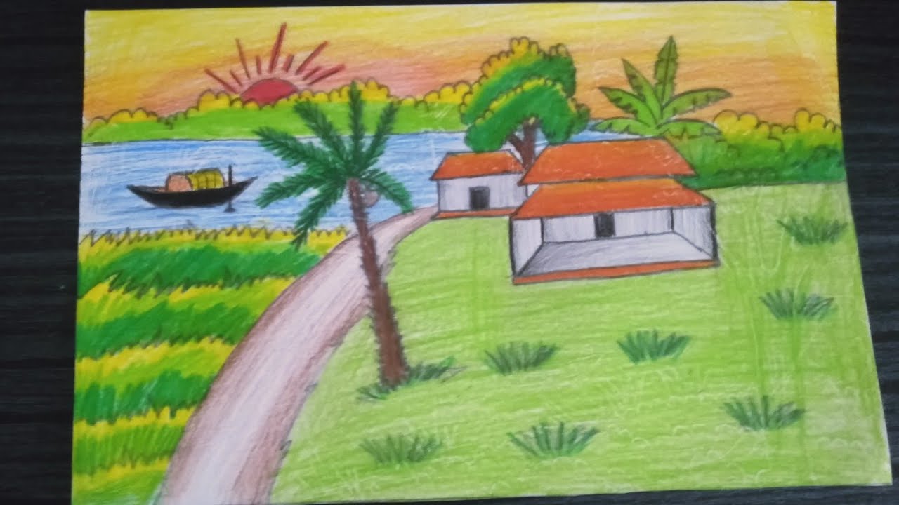 Easyy gram bangla drisso // Easy scenery// #art #painting - YouTube