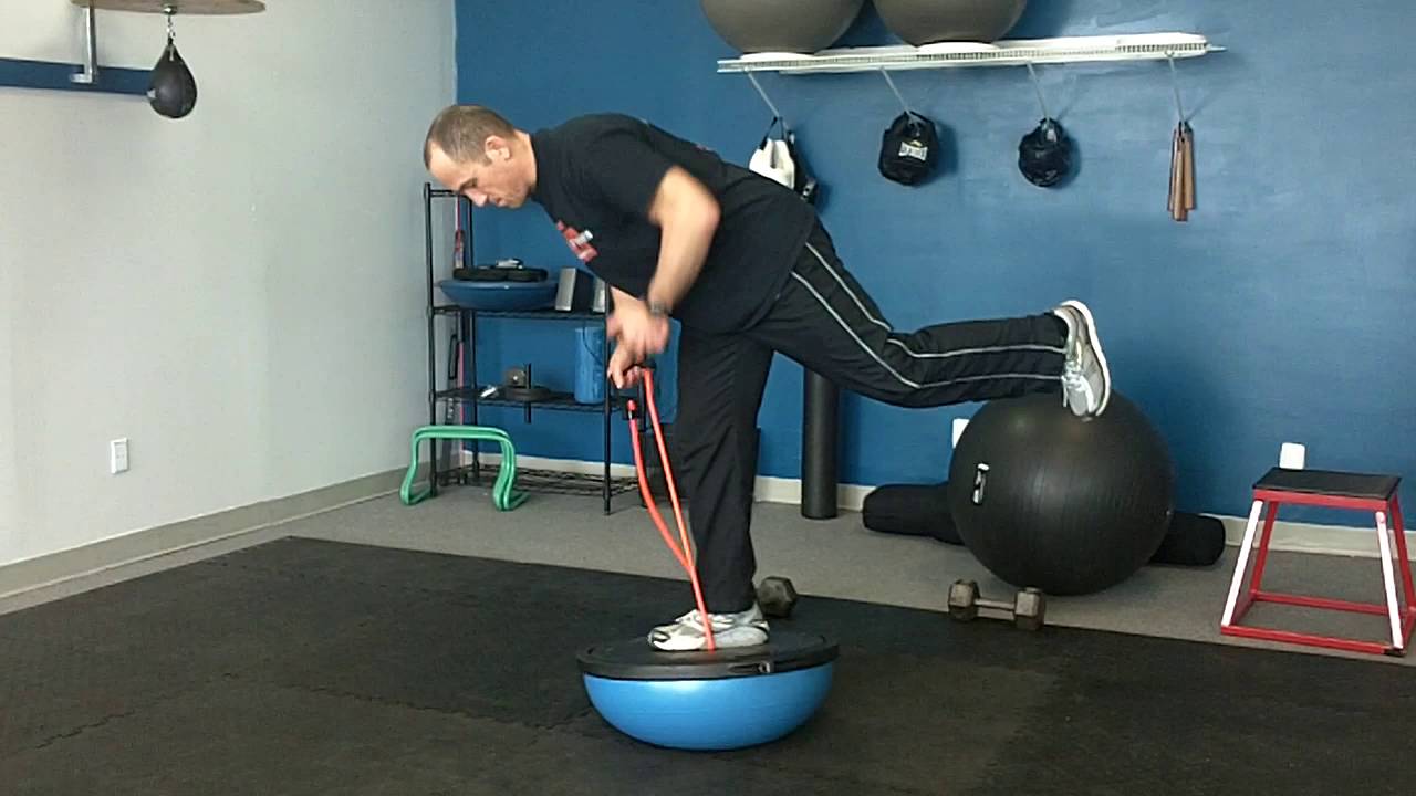 Single arm single leg bent row on BOSU with band - YouTube