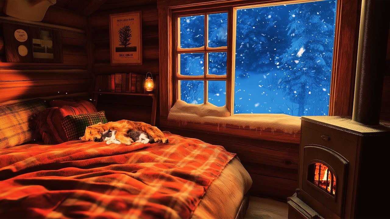Sleeping in a Snowstorm: Warm Fireplace Sounds and Winter Night Wind ...