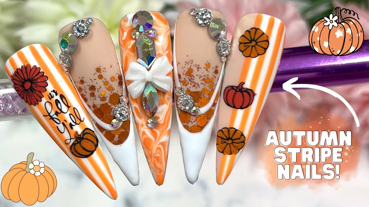 CUTE STRIPE PUMPKIN FALL NAILS WITH A GLITTER DOUBLE LAYERED FRENCH TIP ...